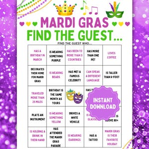 Mardi Gras Bingo Game L Fun Mardi Gras Game L Printable Mardi Gras Game ...