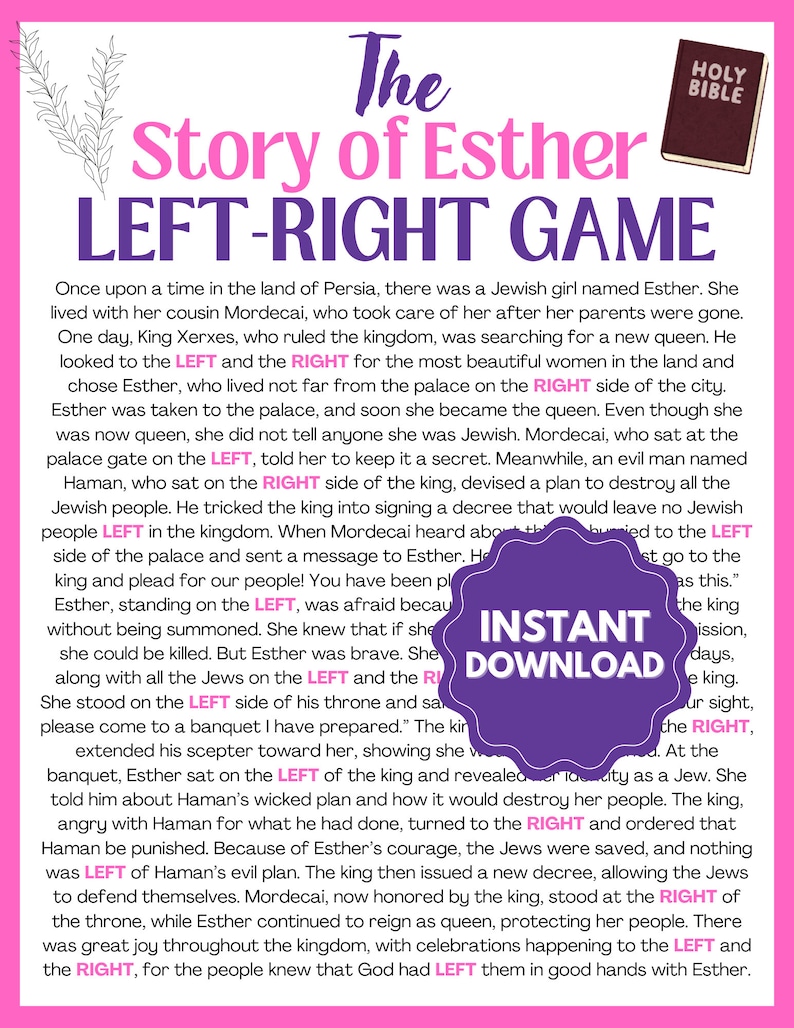 Bible Left-right Game L Esther Bible Story Game L Sunday School Church ...