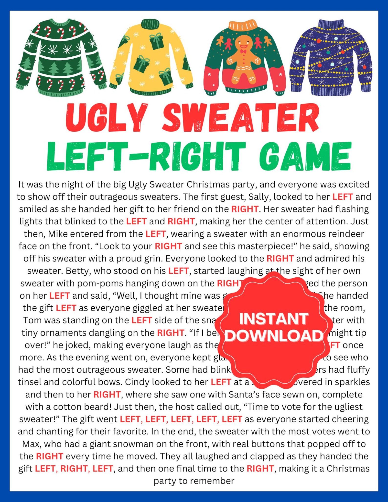 Christmas Left-right Game | Ugly Sweater Games | Printable Left Right ...