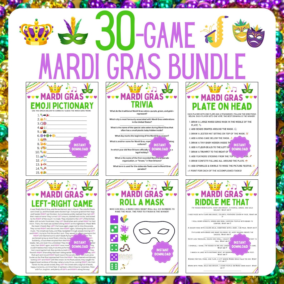 Mardi Gras Game Bundle | 30 Mardi Gras Party Games | Printable Mardi ...