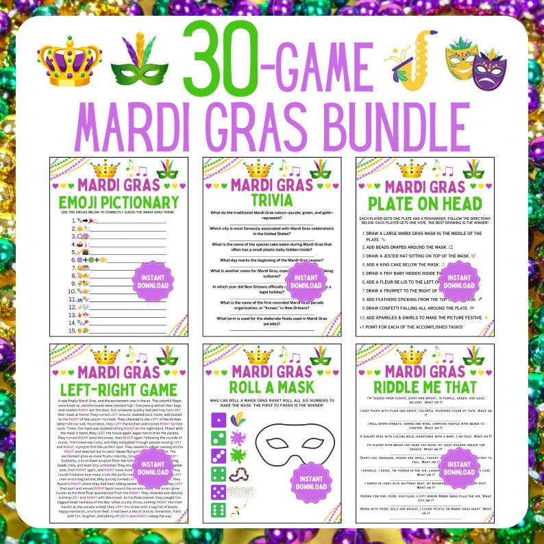Mardi Gras Game Bundle | 30 Mardi Gras Party Games | Printable Mardi ...