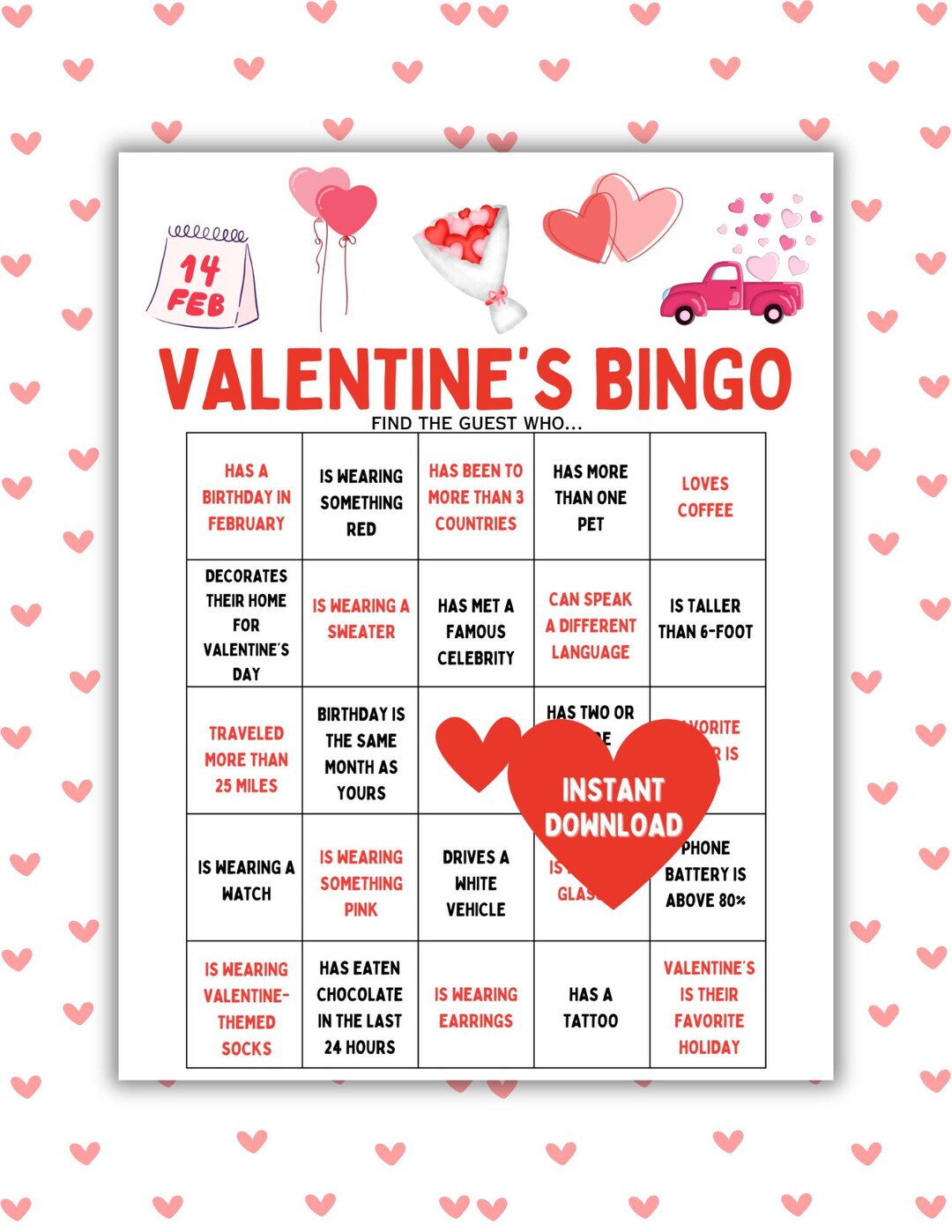 Valentine's Bingo | Valentine's Day Find the Guest Bingo | Valentine's ...