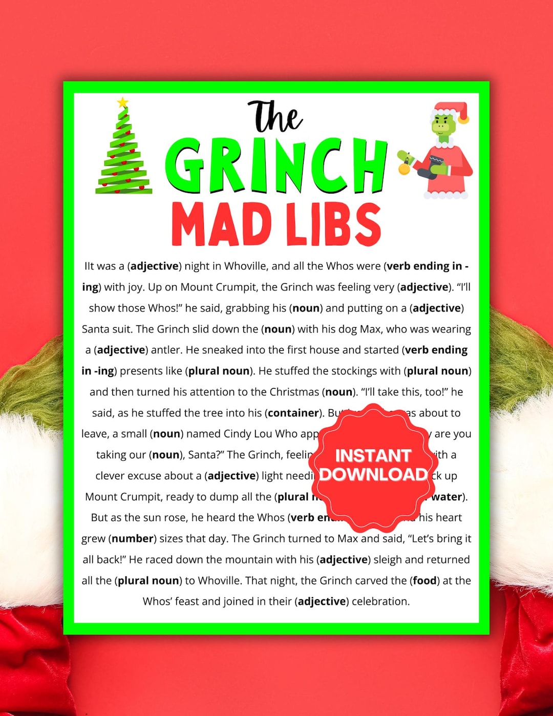 The Grinch Mad Libs Grinch Party Games Fun Grinch Christmas Game the ...