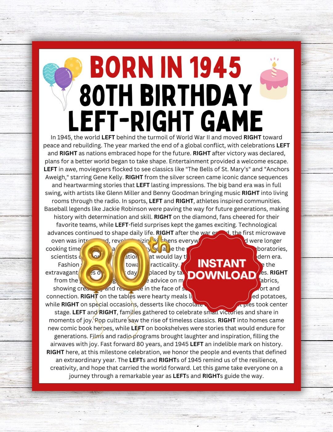 80th Birthday Game | Born in 1945 Games | Left-right Birthday Game ...