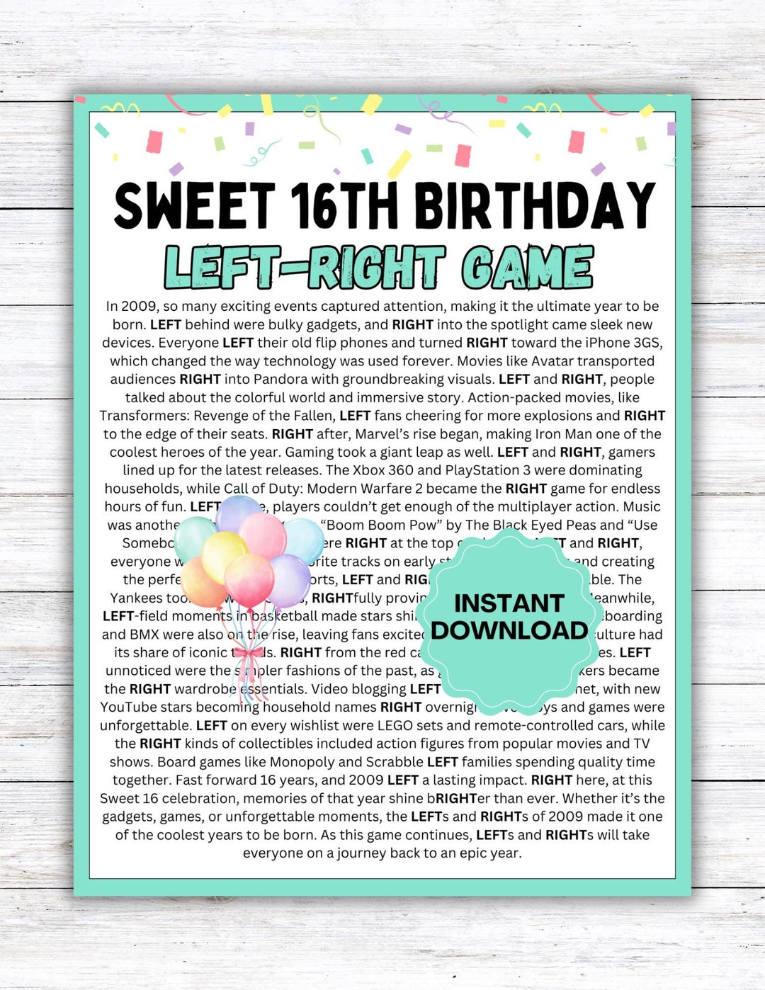 16th Birthday Game | Left-right Birthday Game | Left-right 16th ...