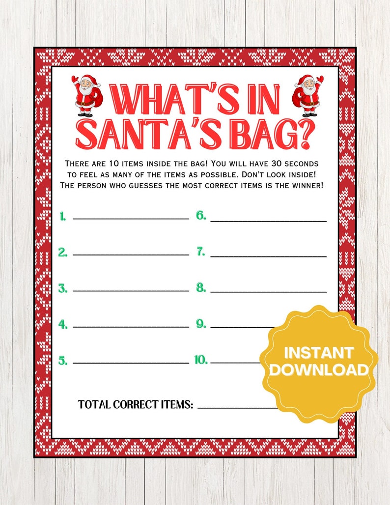 What's in Santa's Bag Christmas Game | Santa's Bag Christmas Printable ...