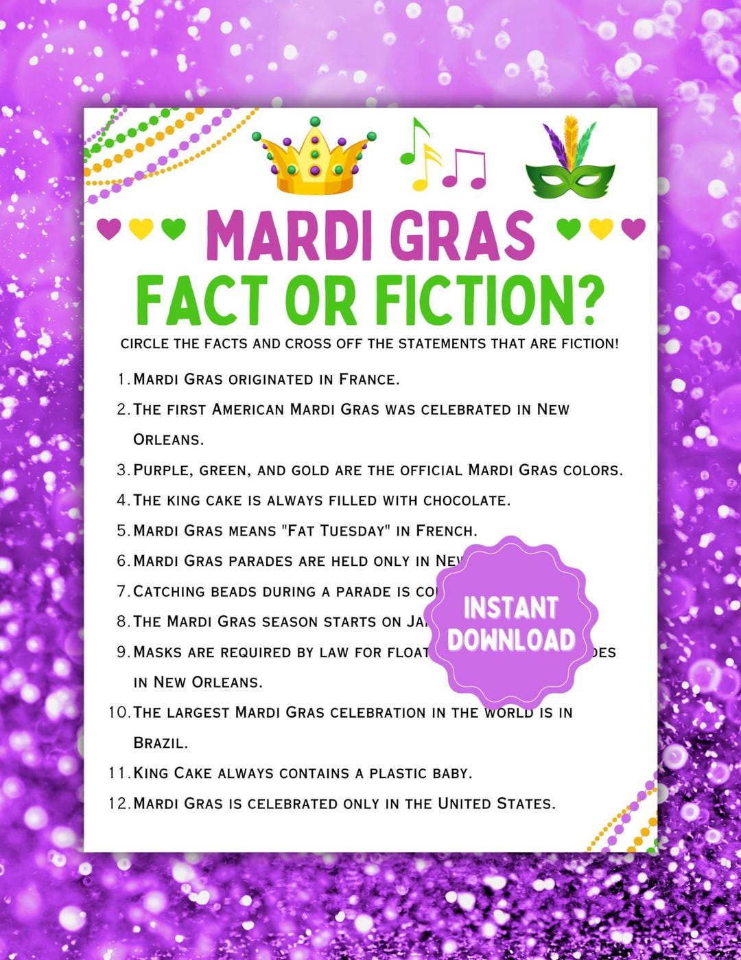 Mardi Gras Fact or Fiction L Mardi Gras Trivia Game L Printable Mardi ...