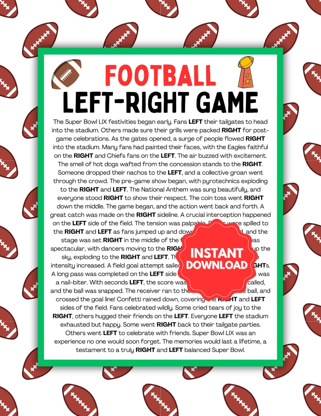 Football Left-right Game Printable Football Game Chiefs Vs. Eagles Left ...