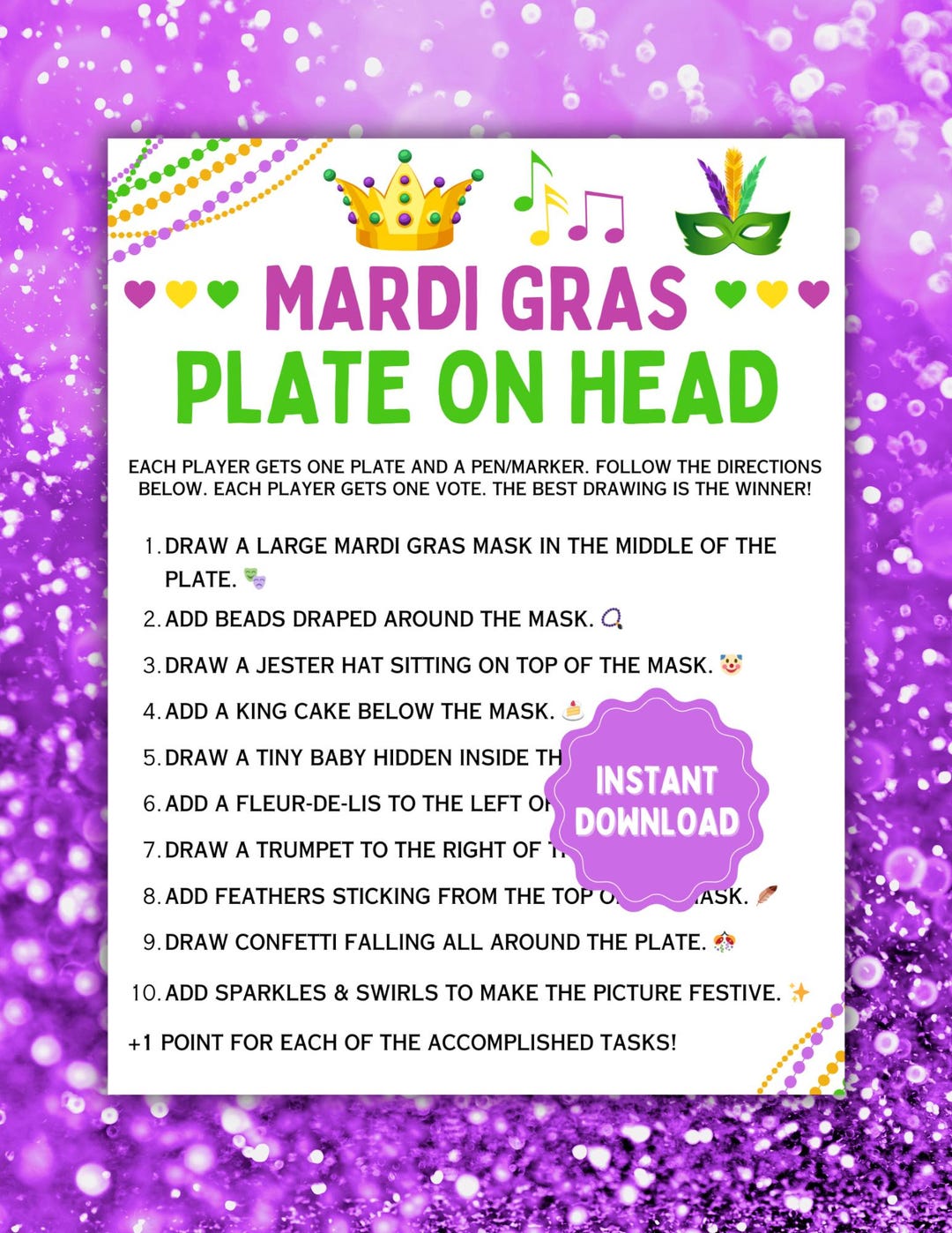 Mardi Gras Plate on Head L Funny Mardi Gras Games L Printable Mardi ...