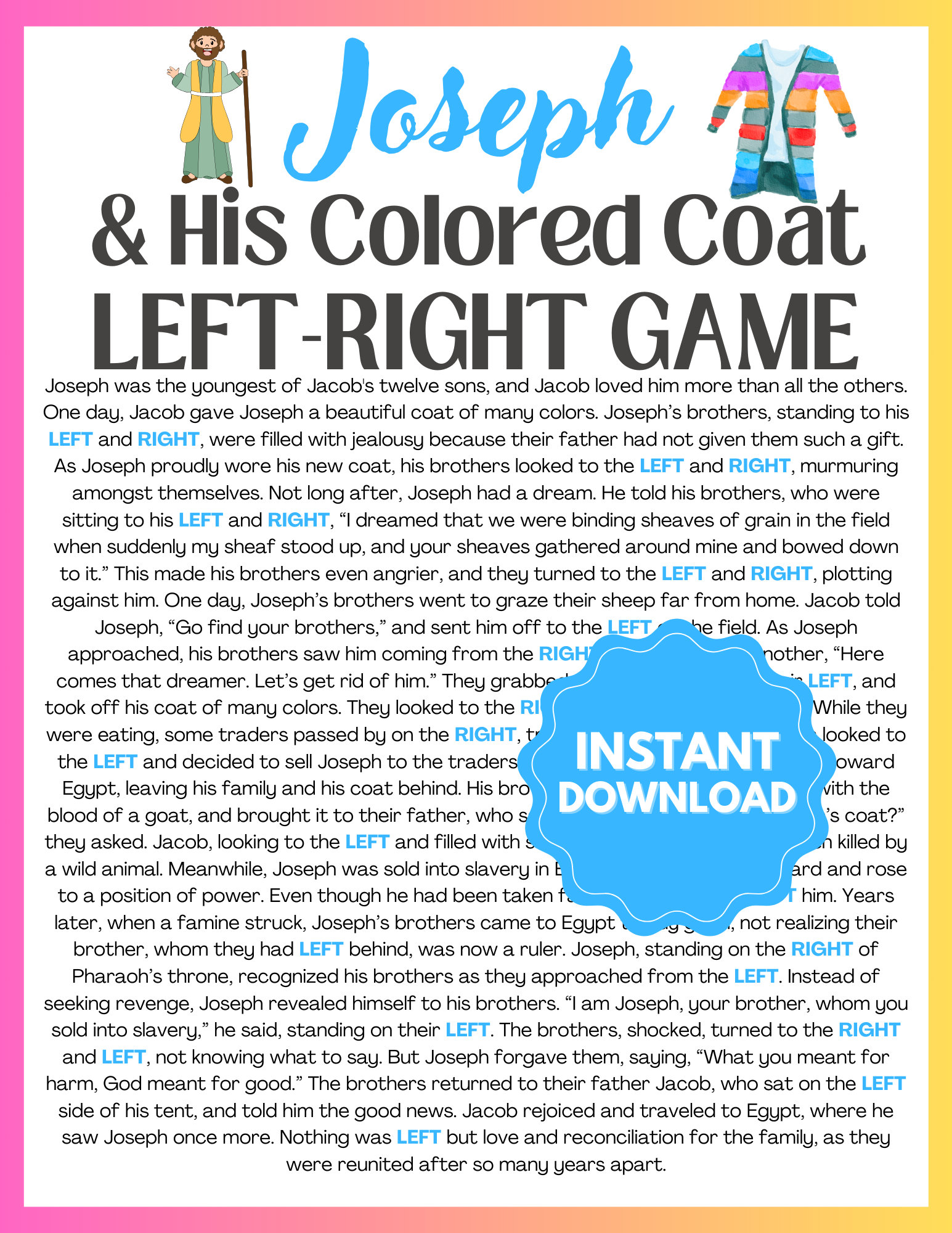 Bible Left-right Game L Joseph and Colorful Coat L Sunday School Church ...