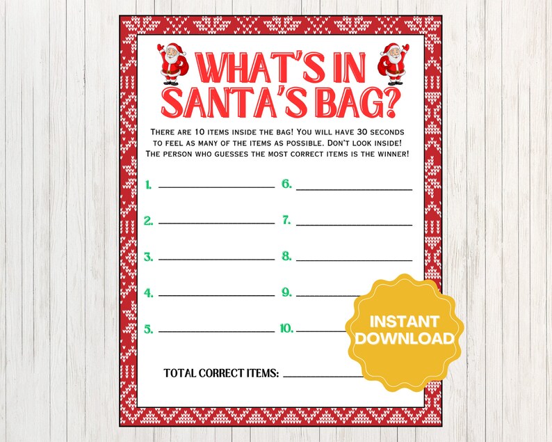 What's in Santa's Bag Christmas Game | Santa's Bag Christmas Printable ...