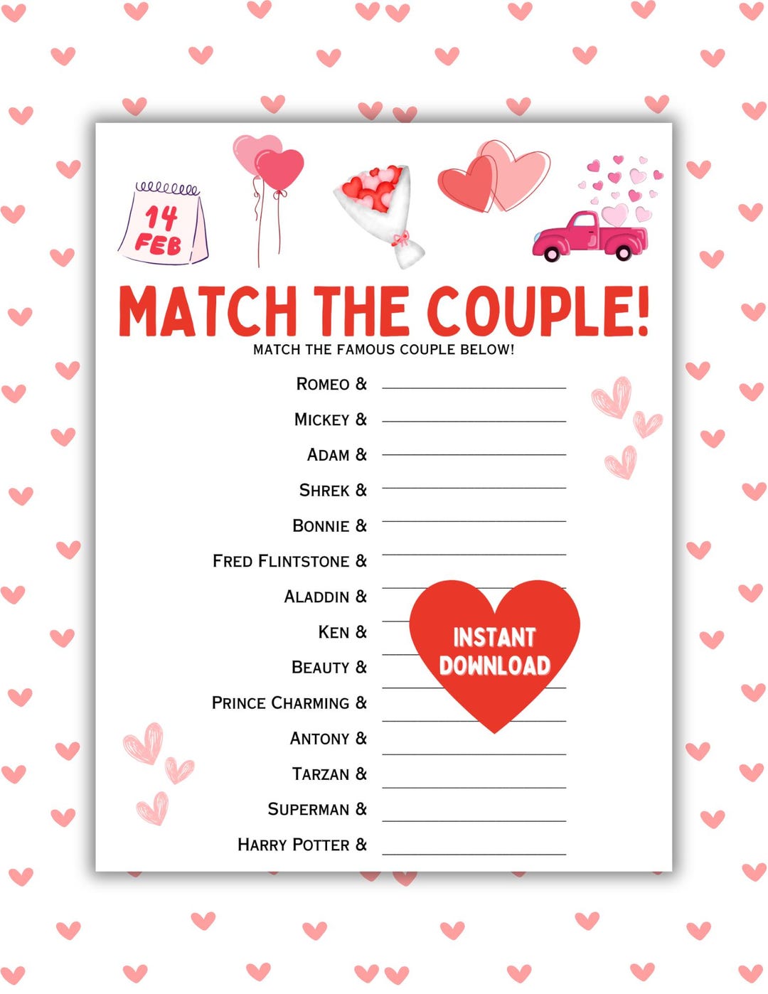 Valentine's Match the Couple Game Valentine's Party Game Valentine's ...