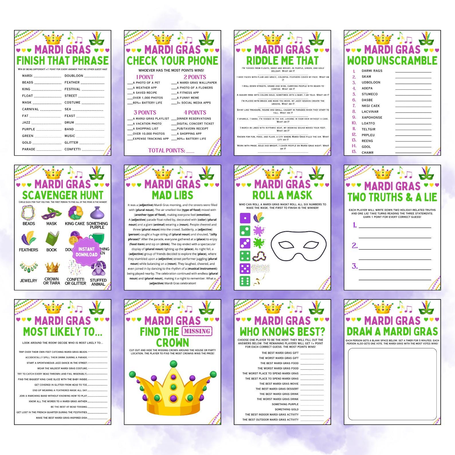 Mardi Gras Game Bundle | 30 Mardi Gras Party Games | Printable Mardi ...
