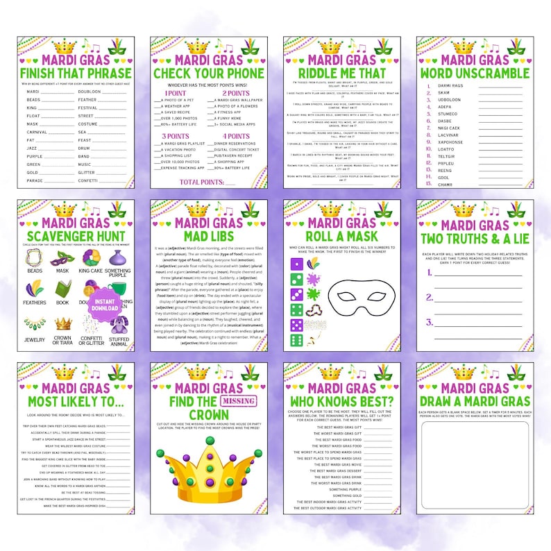 Mardi Gras Game Bundle | 30 Mardi Gras Party Games | Printable Mardi ...