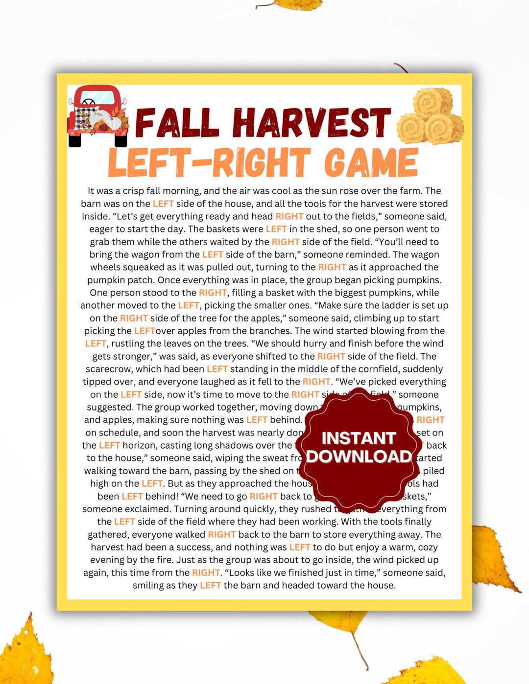 Fall Left-right Game L Fall Printable Games L Left-right Fall Harvest ...