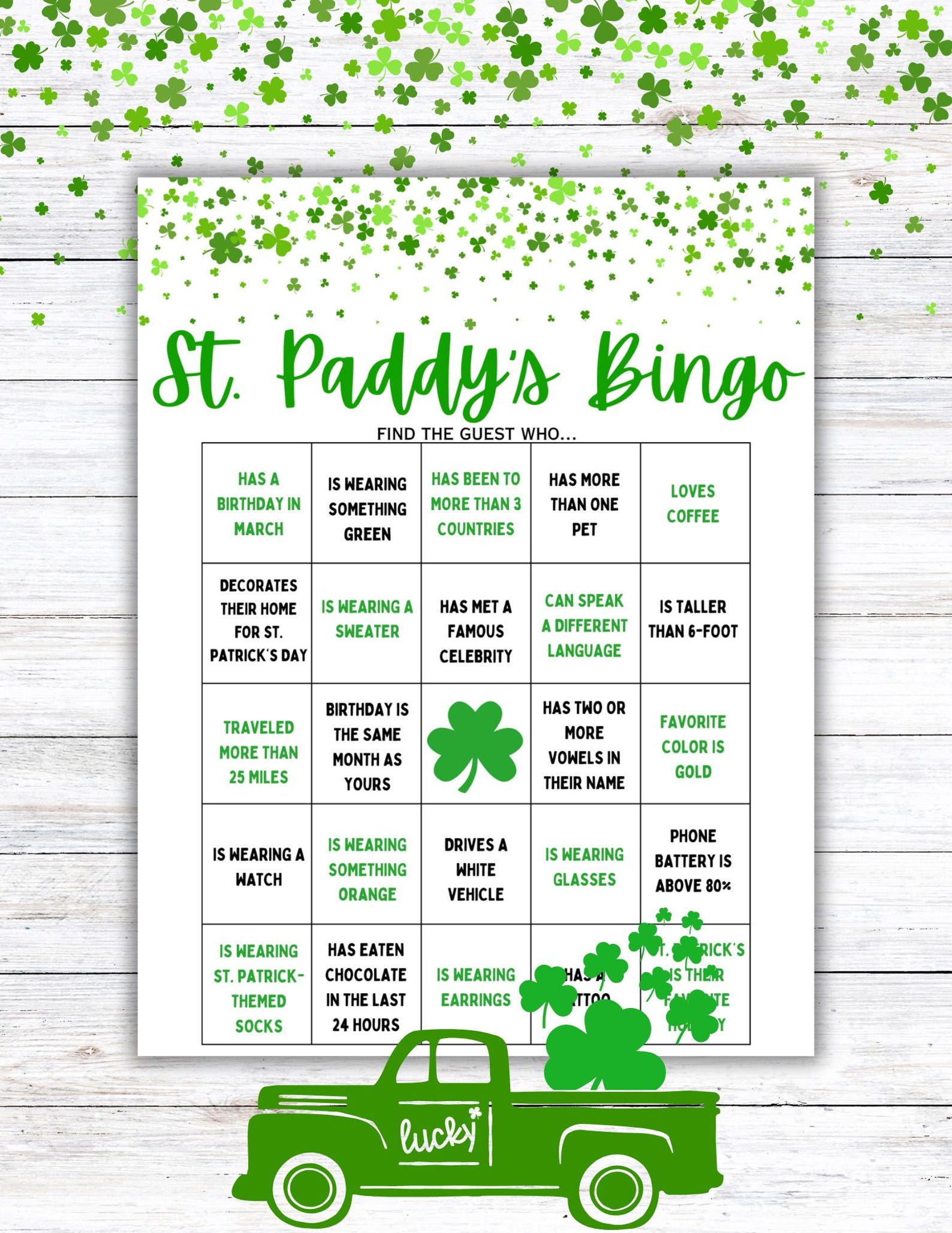St. Patrick's Day Find the Guest Bingo | St. Paddy's Bingo Game | Funny ...