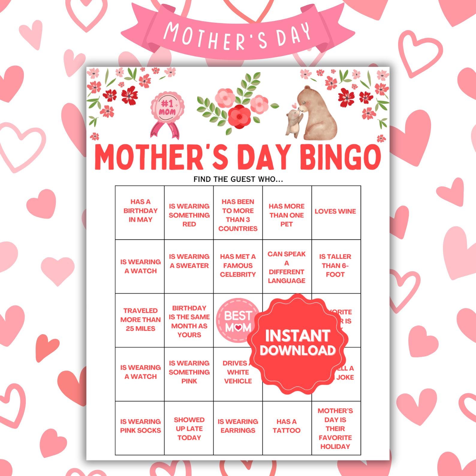 Mother's Day Bingo Game | Mother's Day Find the Guest Bingo | Fun ...