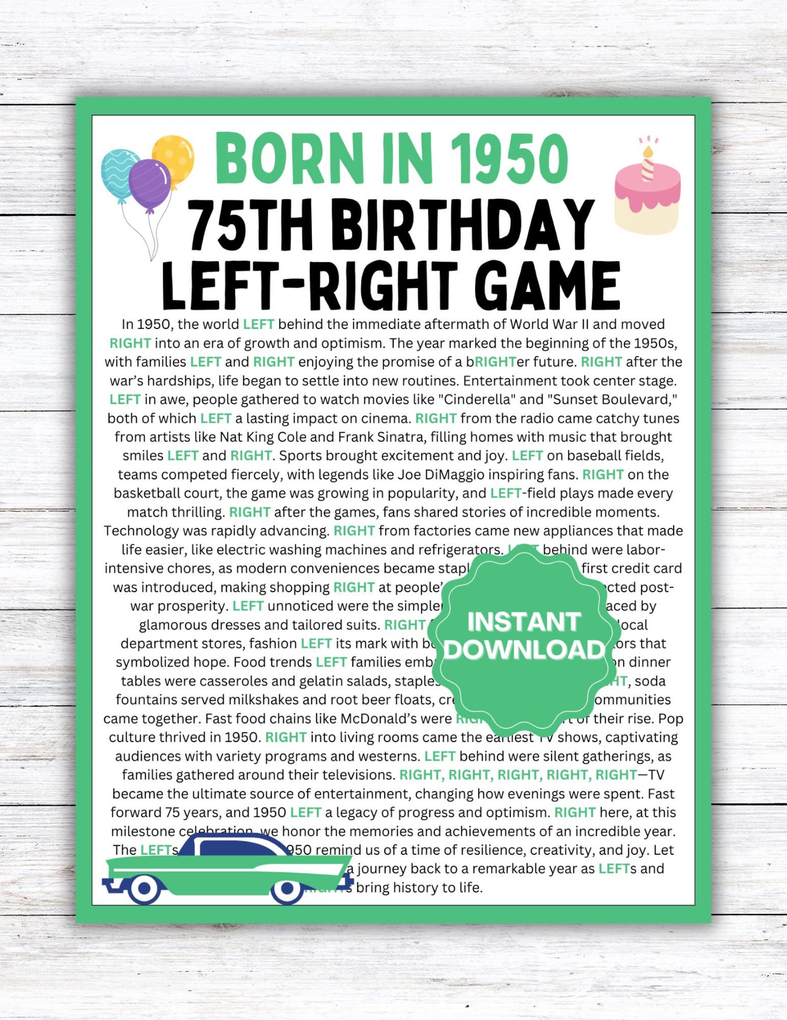 75th Birthday Game | Born in 1950 Games | Left-right Birthday Game ...