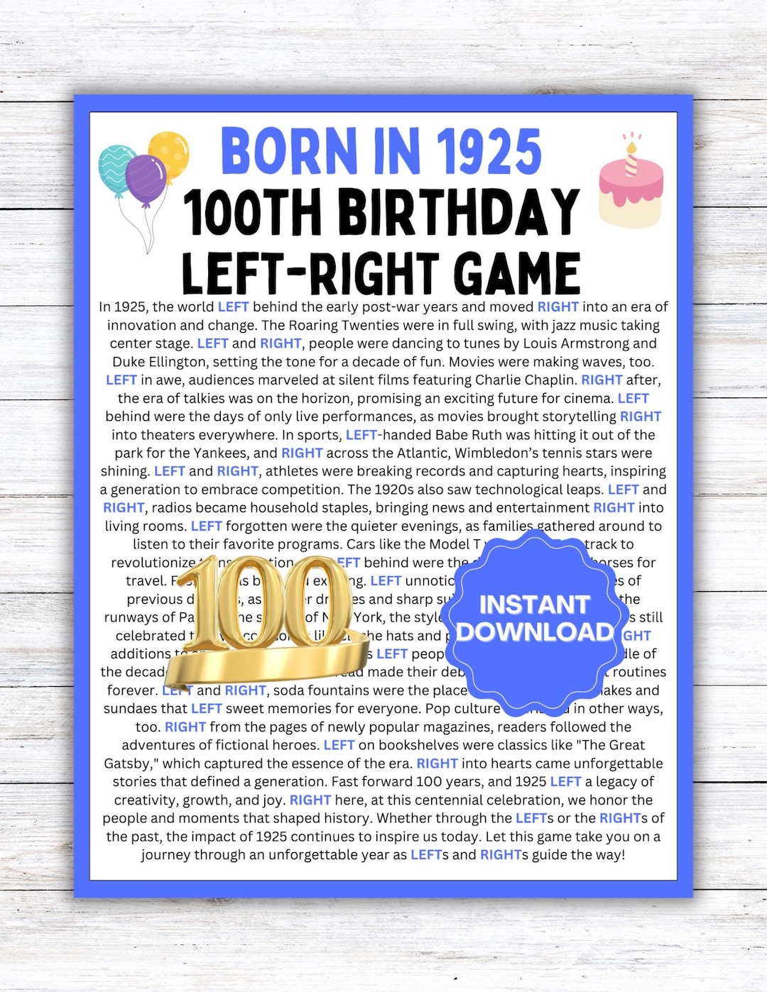 100th Birthday Game | Born in 1925 Games | Left-right Birthday Game ...