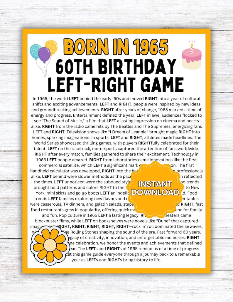 60th Birthday Game | Born in 1965 Games | Left-right Birthday Game ...
