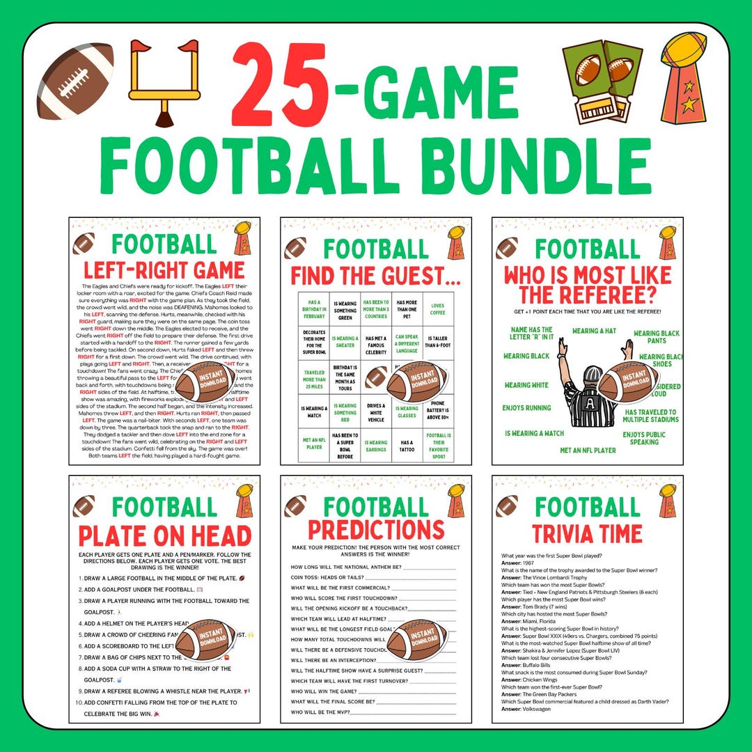 Football Game Bundle | 25 Football Party Games | Printable Football ...