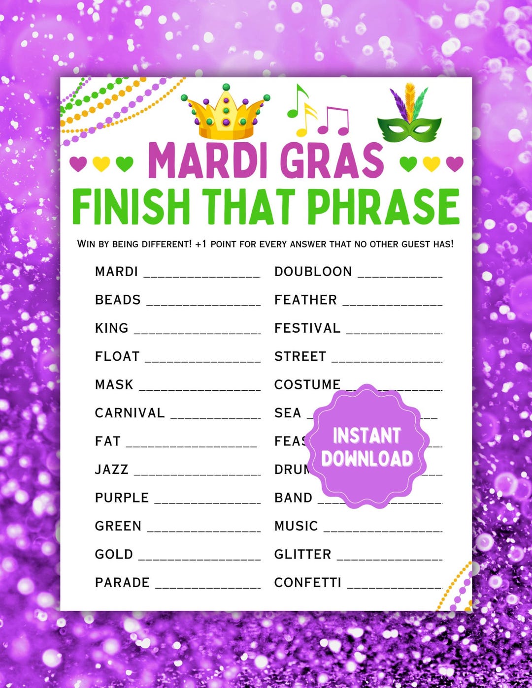 Mardi Gras Finish That Phrase L Fun Mardi Gras Game L Printable Mardi ...
