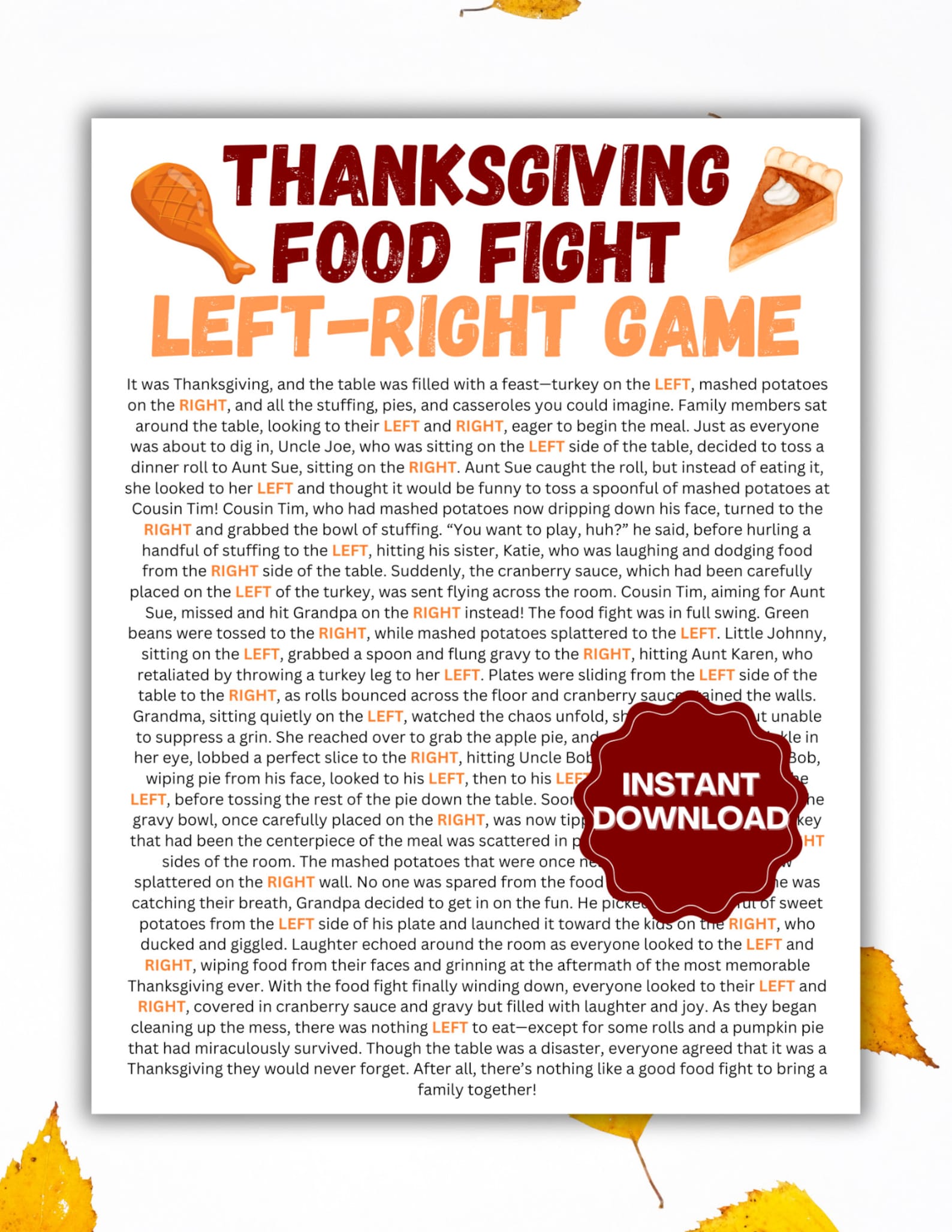Thanksgiving Left-right Game L Fall Printable Games L Left-right Fall ...