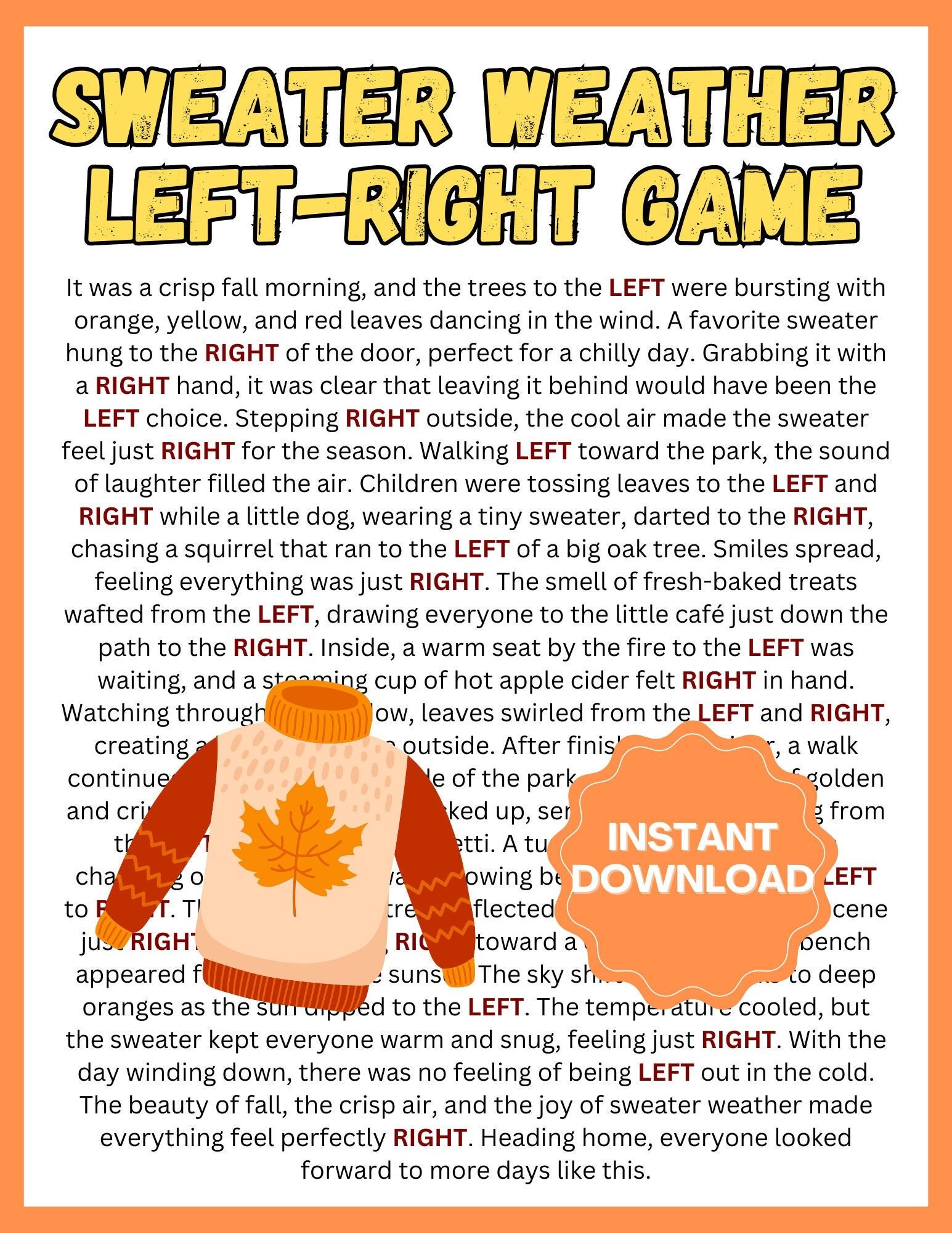 Fall Left-right Game L Fall Printable Games L Left-right Fall Game L ...