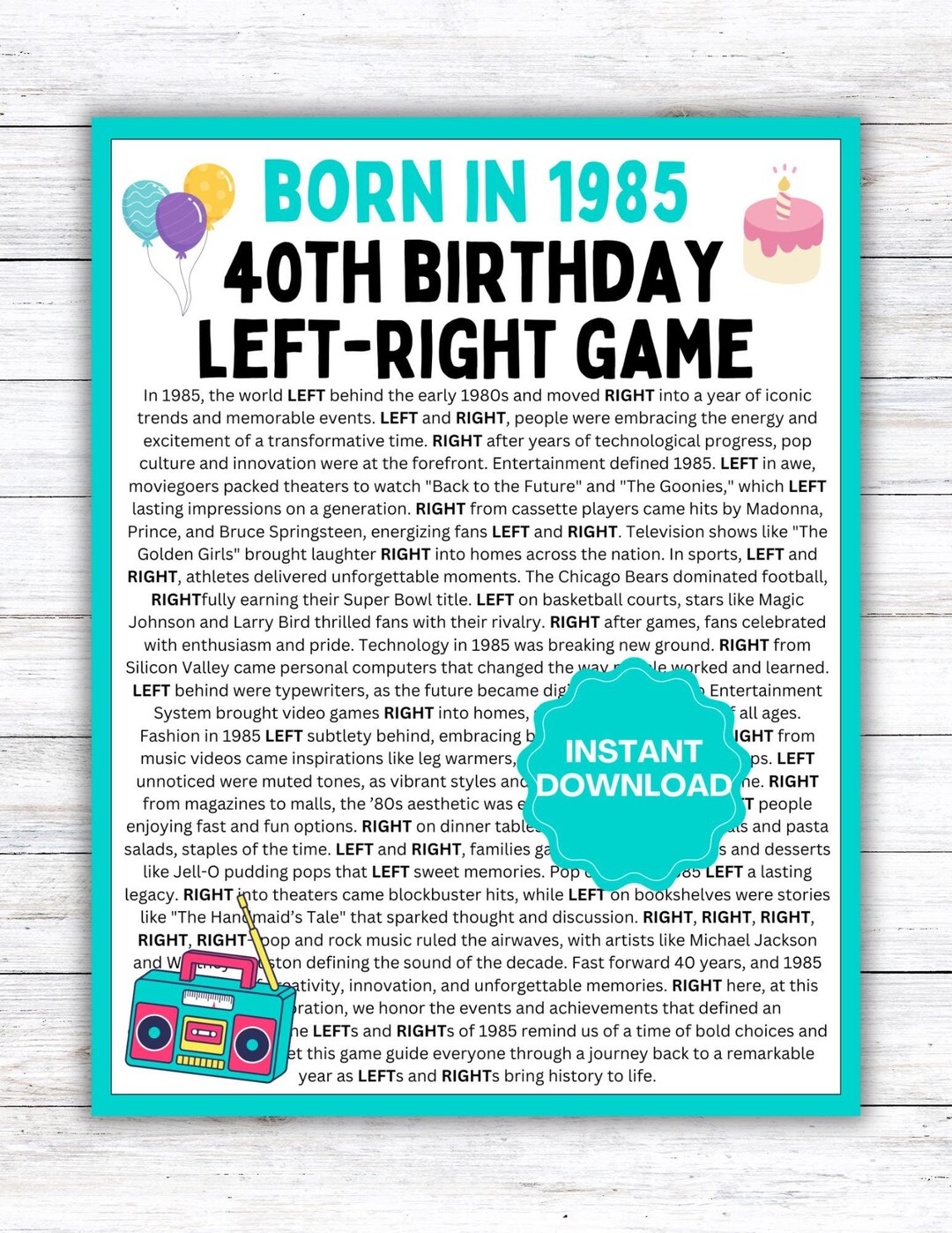 40th Birthday Game | Born in 1985 Games | Left-right Birthday Game ...