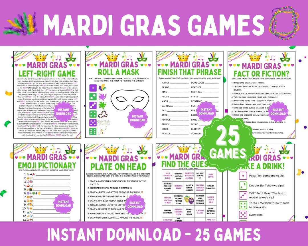 25 Mardi Gras Party Games | Mardi Gras Bundle | Printable Mardi Gras ...