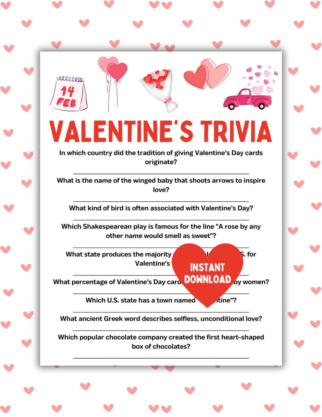 Valentine's Trivia Valentine's Day Trivia Game Valentine's Printable ...
