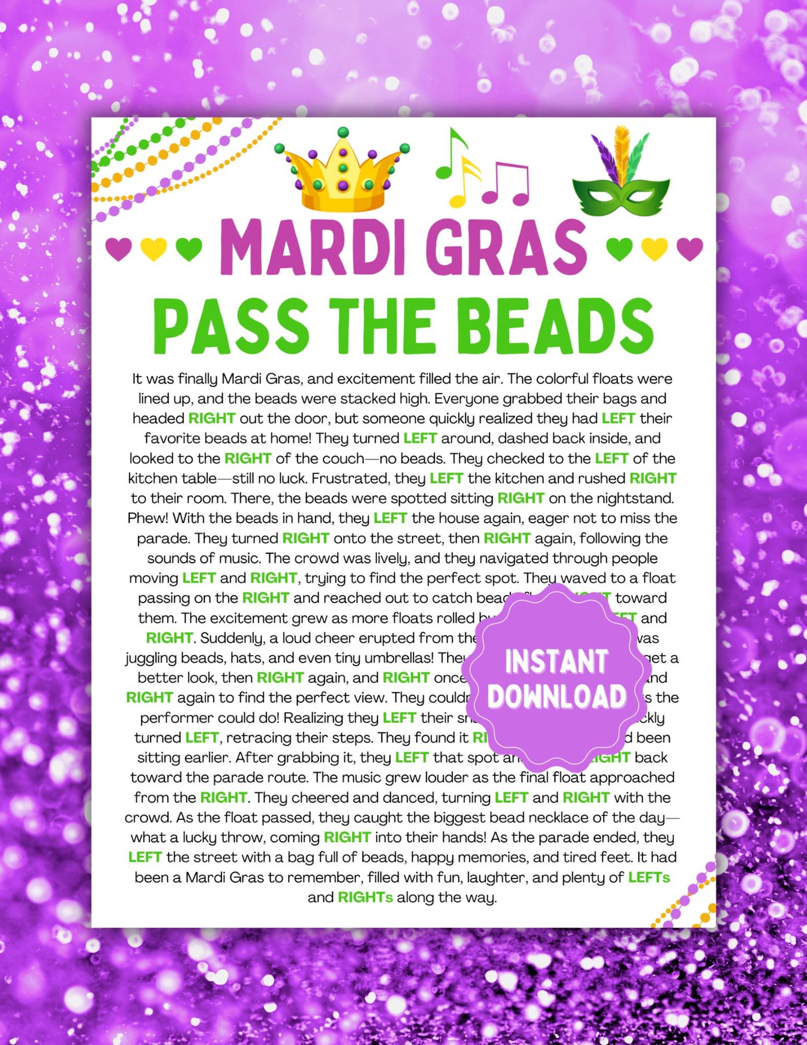 Mardi Gras Pass the Beads L Mardi Gras Left-right Game L Printable ...