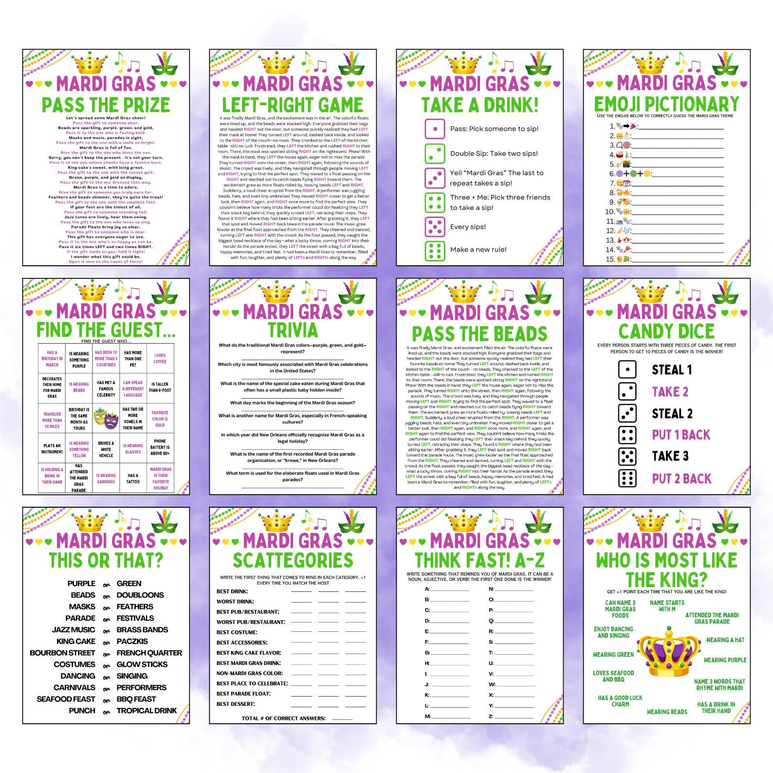 Mardi Gras Game Bundle | 30 Mardi Gras Party Games | Printable Mardi ...