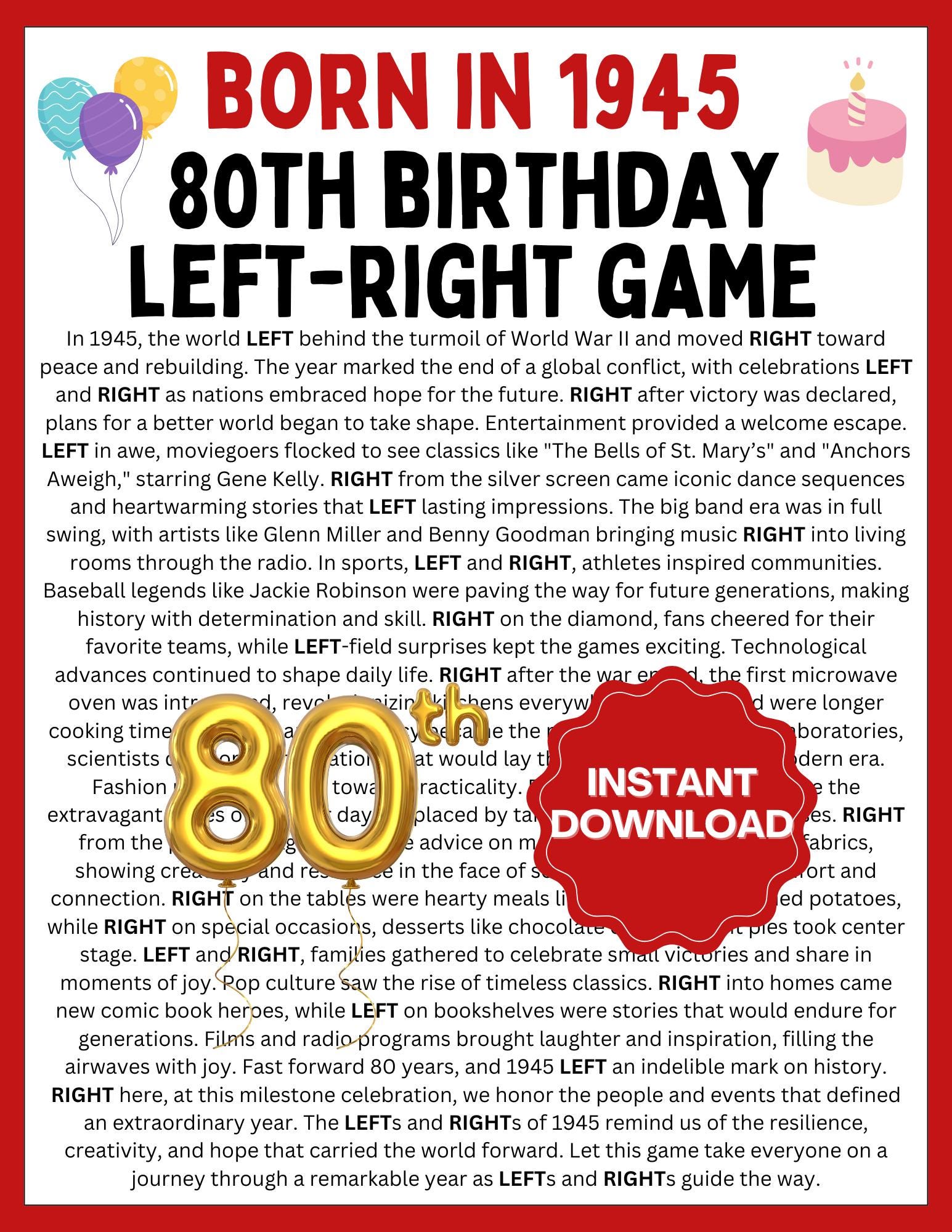 80th Birthday Game | Born in 1945 Games | Left-right Birthday Game ...