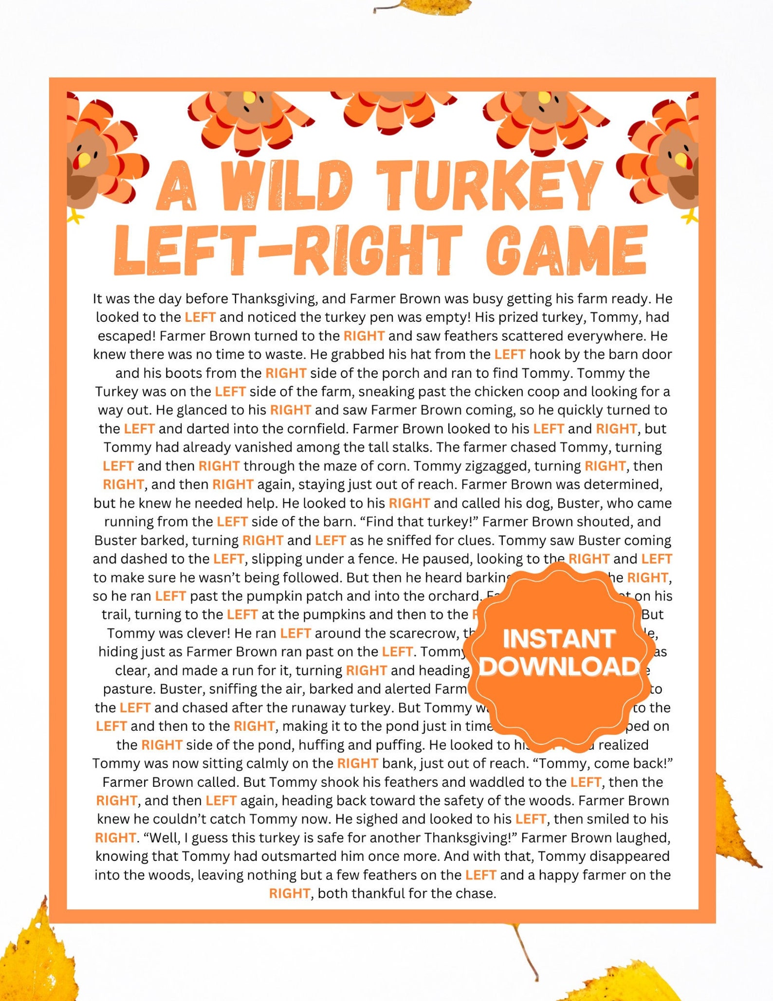 Thanksgiving Left-right Game L Fall Printable Games L Left-right Fall ...