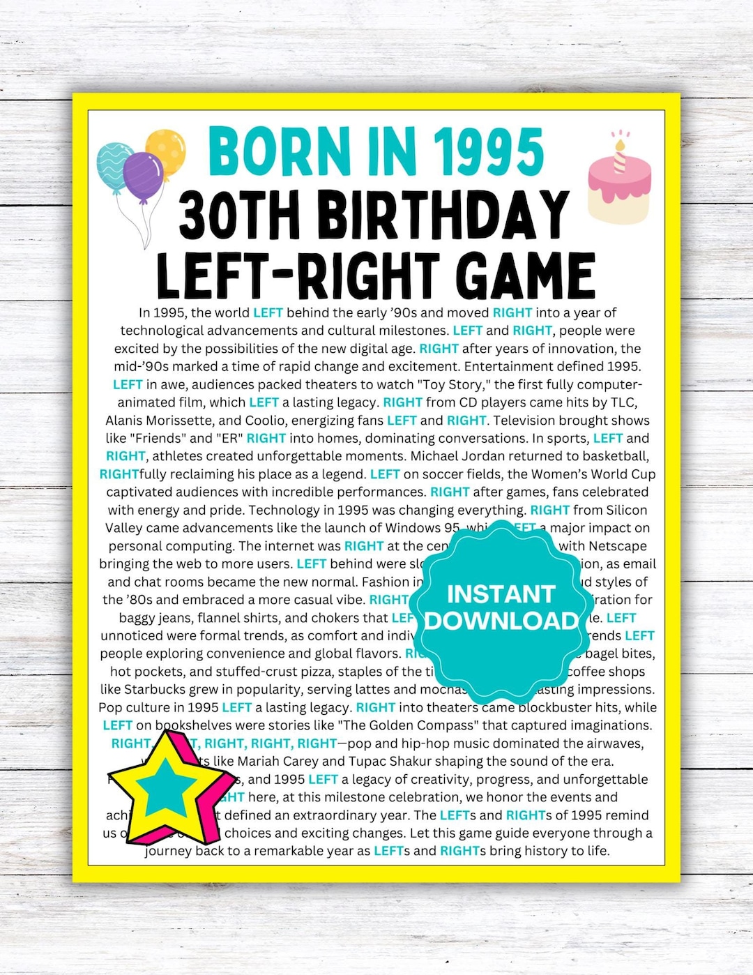 30th Birthday Game | Born in 1995 Games | Left-right Birthday Game ...