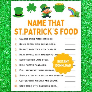 St. Patrick's Food Trivia | St. Patrick's Printable Game | St. Paddy's ...