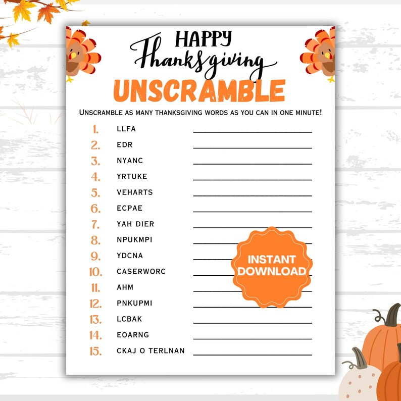 Thanksgiving Word Scramble Game | Thanksgiving Party Game ...