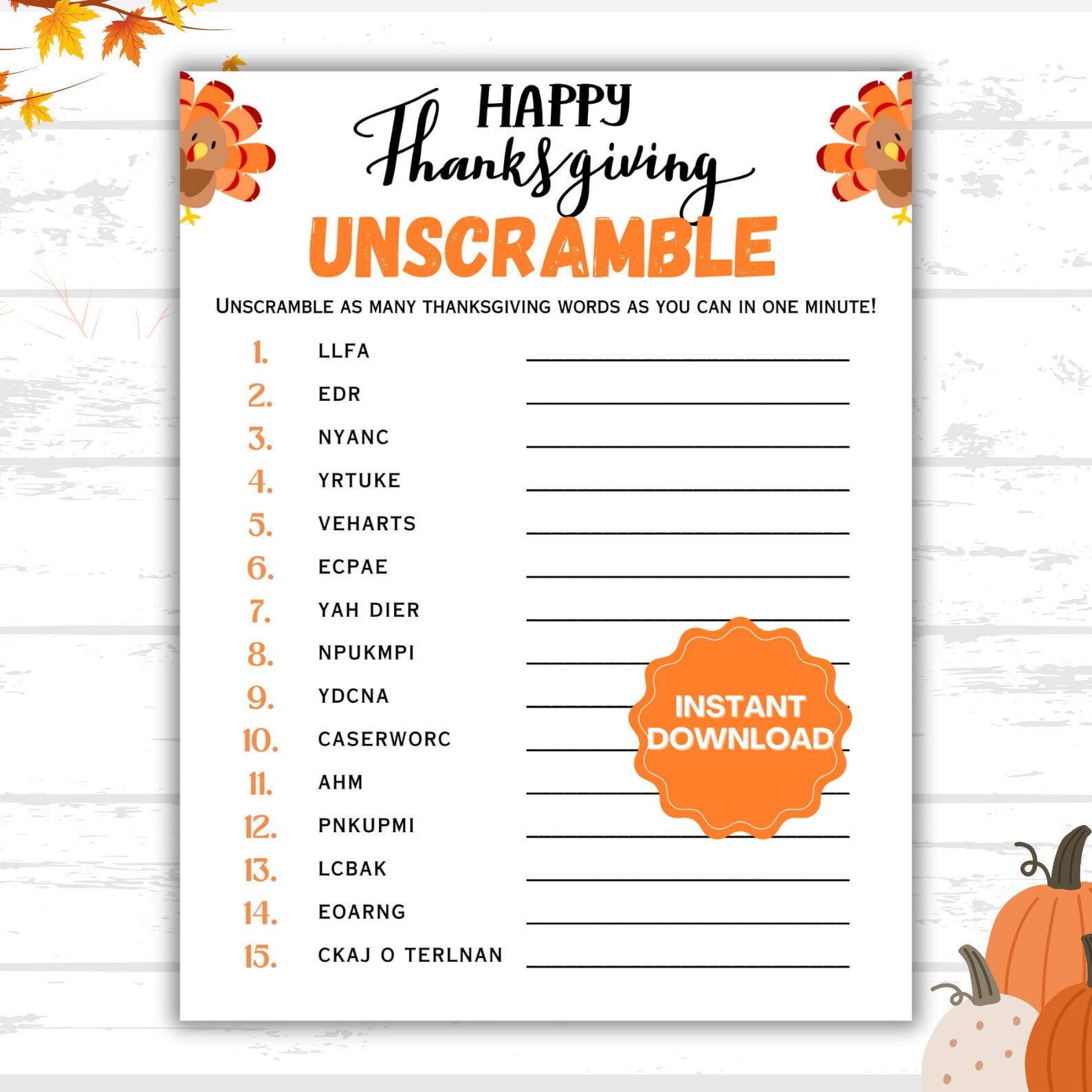 Thanksgiving Word Scramble Game | Thanksgiving Party Game ...