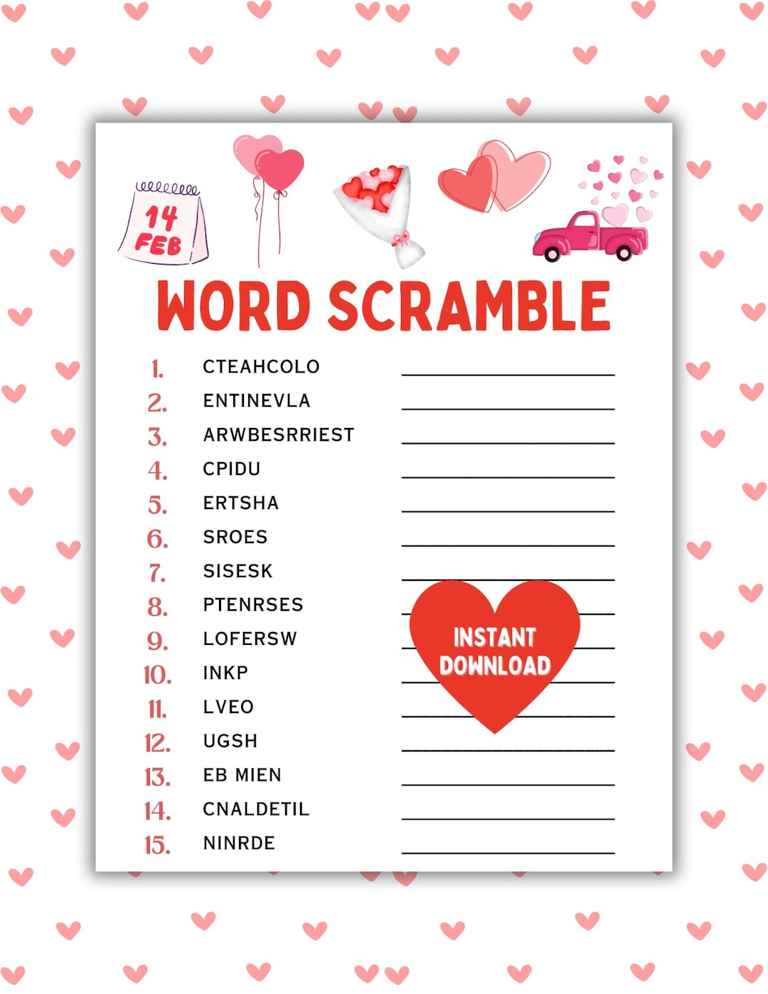 Valentine's Day Word Scramble Valentine's Word Game Valentine's ...