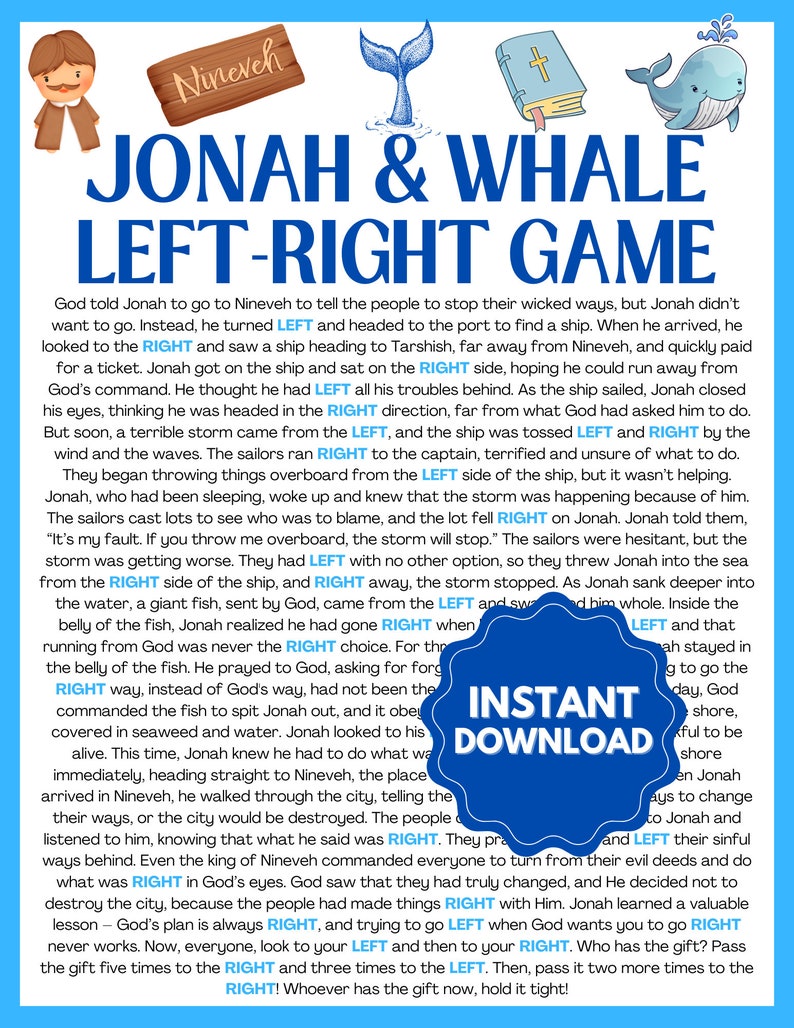 Bible Left-right Game L Jonah and the Whale Game L Sunday School Church ...