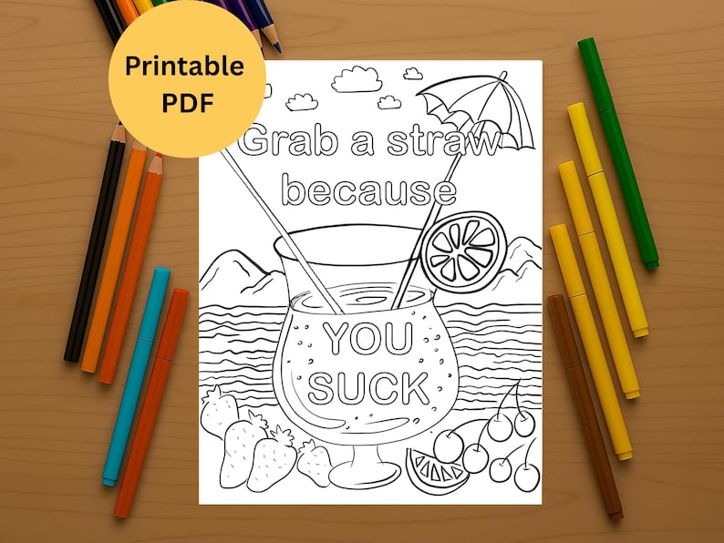 Insults Coloring Page - Grab a Straw Because You Suck - Etsy