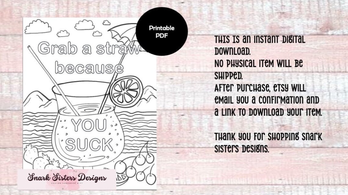 Insults Coloring Page - Grab a Straw Because You Suck - Etsy