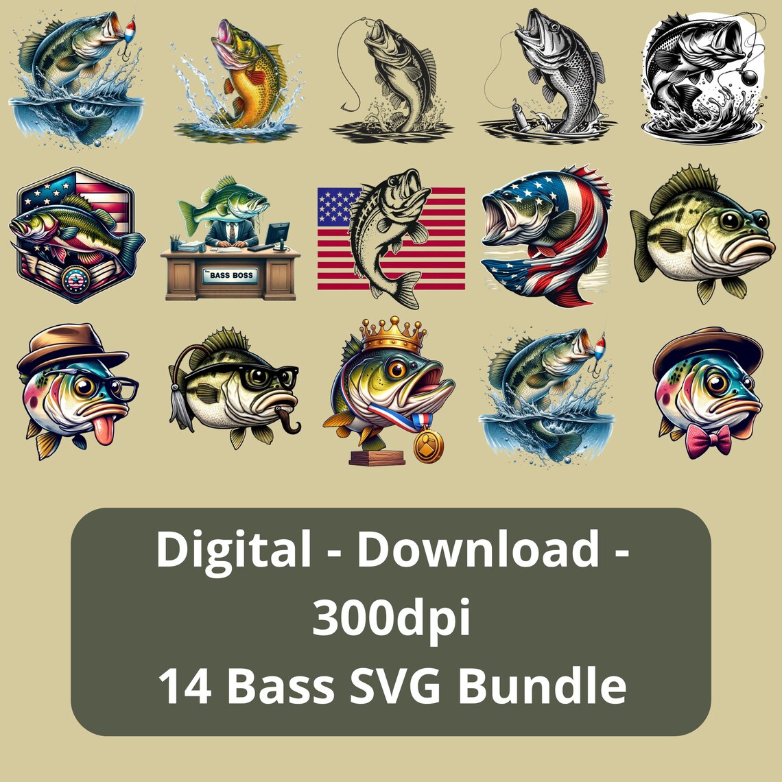 14 Bass SVG Bundle | Black Bass PNG File | Printable Art | Digital ...