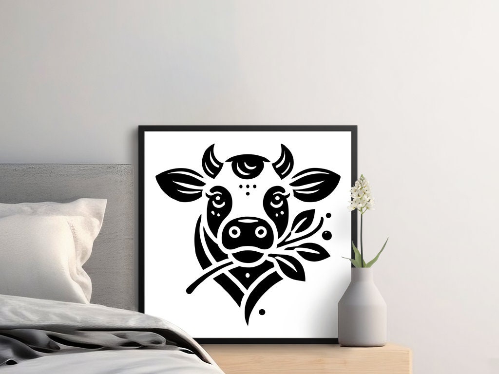 Cow Eating Leaf Svg | Minimalist Cow Svg | Cow Silhouette Svg | Cute ...