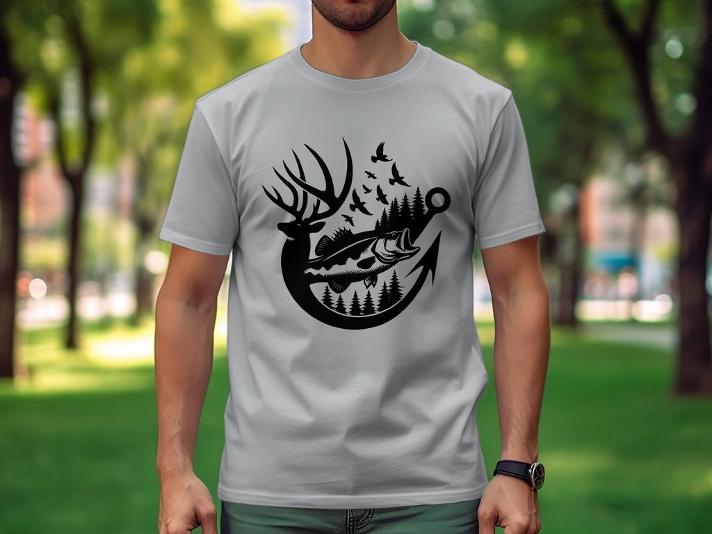Fishing Hook Silhouette Svg | Deer Fish Tree Scene Svg | Hunting and Fishing Art | Bass Fish ...