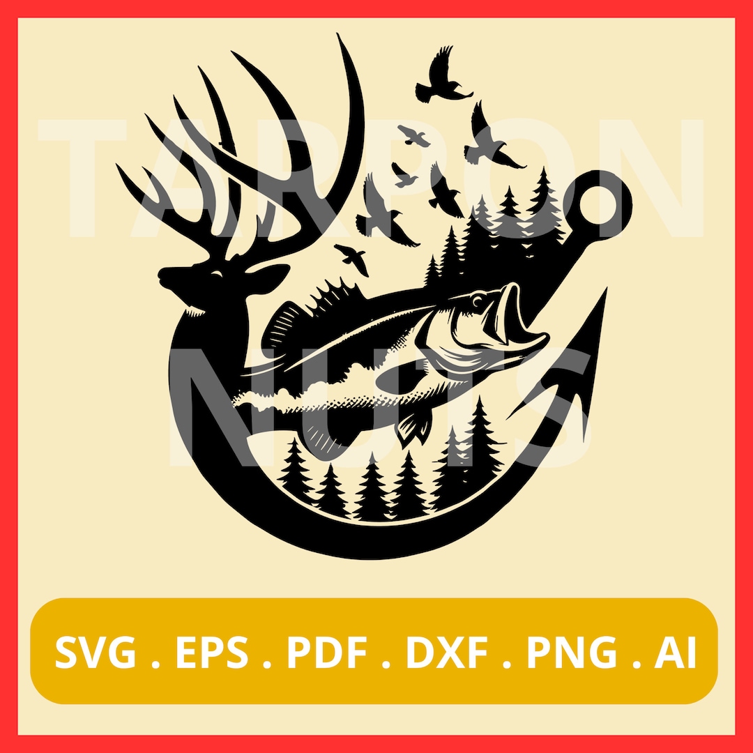 Fishing Hook Silhouette Svg Deer Fish Tree Scene Svg Hunting and ...