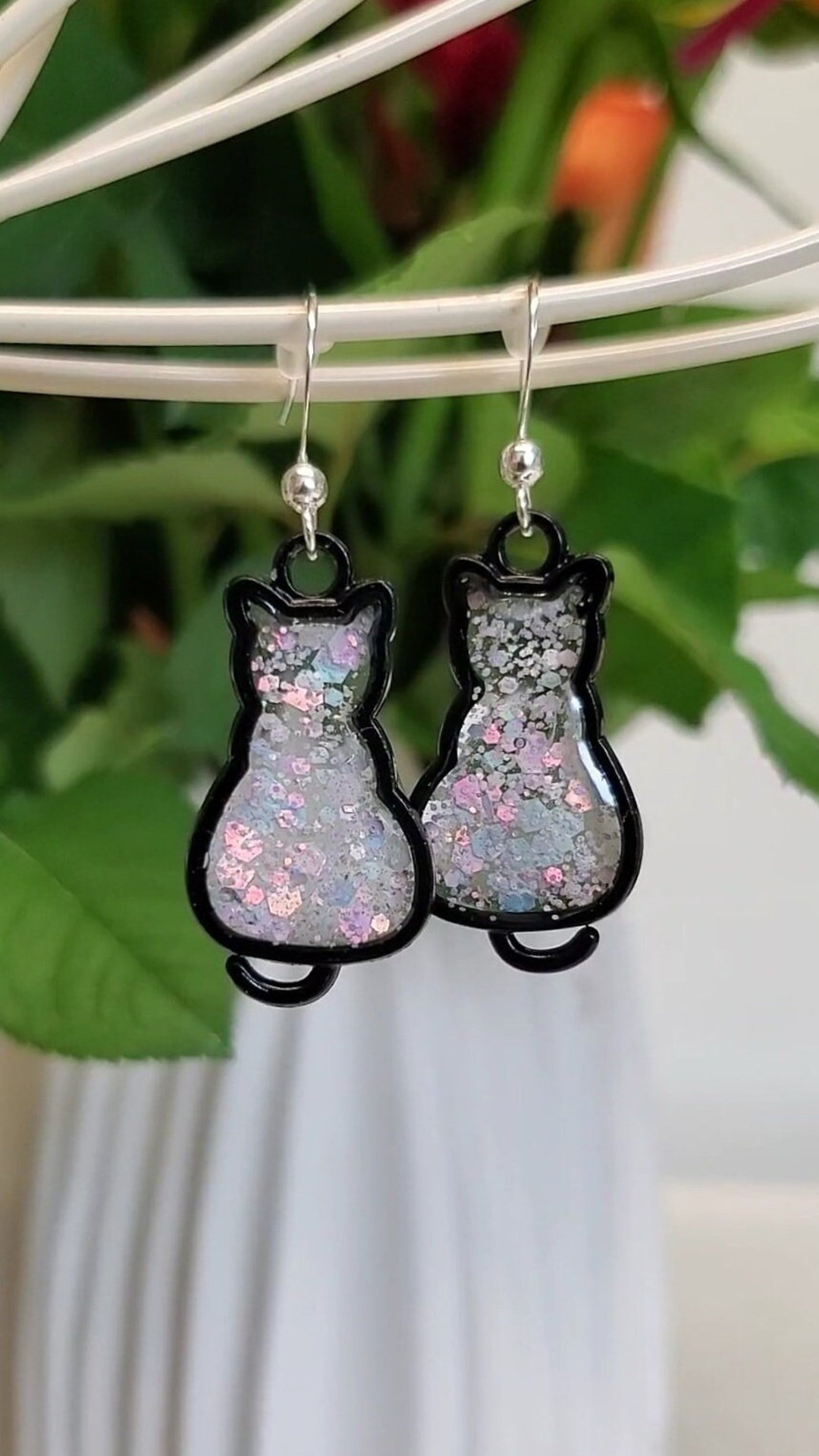 Sparkle Cat Earrings, Dangle Earrings, Black Cat, White Cat Earrings ...
