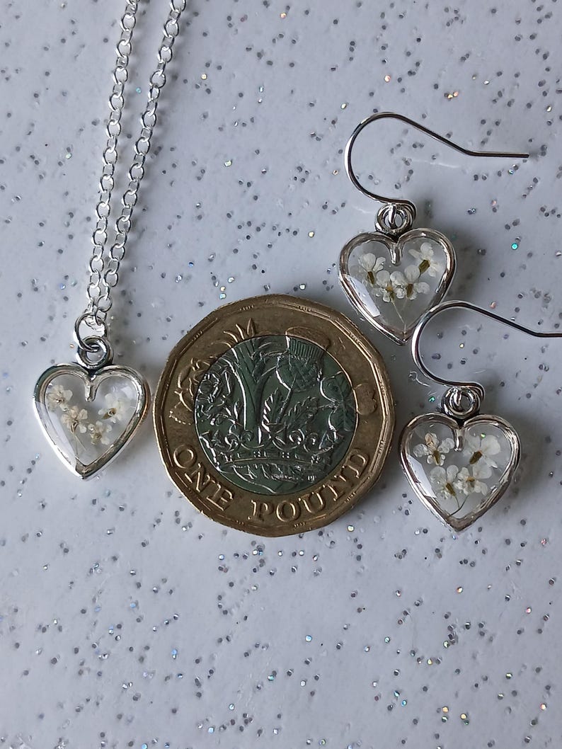 Resin Jewellery Set: Heart Shaped Earrings and Necklace, Tiny White ...