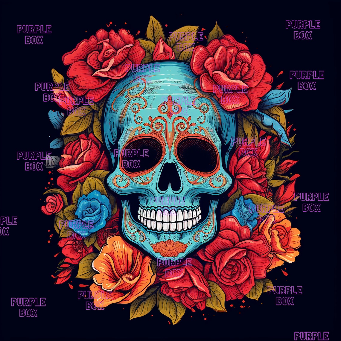 Blue Sugar Skull Surrounded by Flowers for Digital Print. PNG Only, for ...